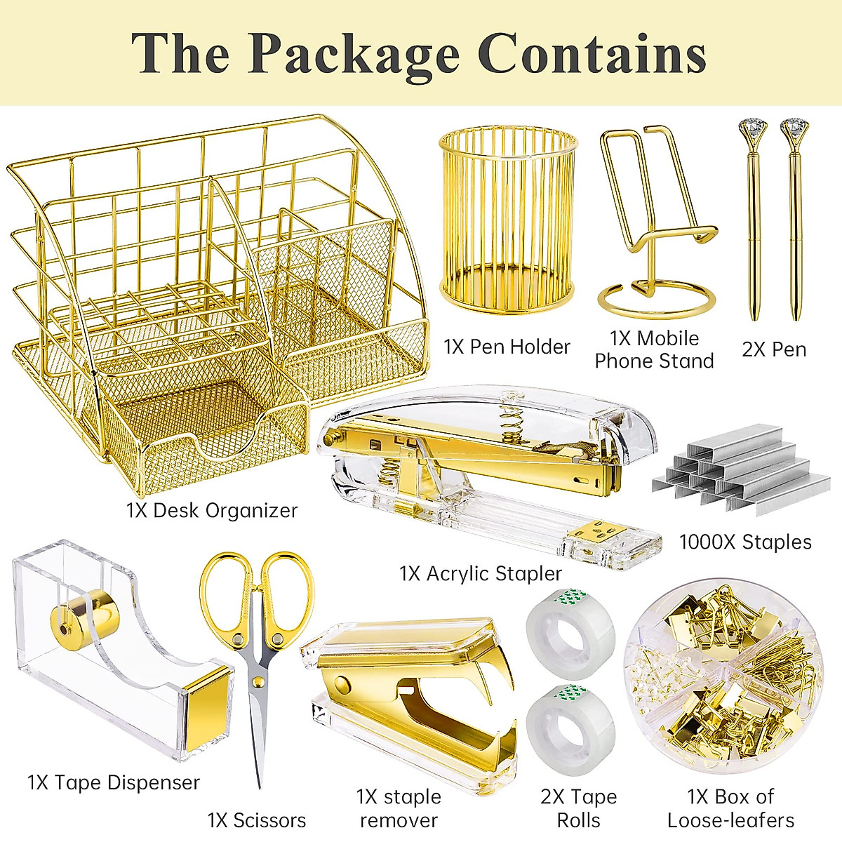 NiOffice Gold Desk Organizer Set with Acrylic Accessories - Includes Stapler, Tape Holder, Pen Holder, Scissors, Phone Holder, Binder Clips, Staple Remover and 1000 Staples