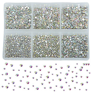 Bymitel 7200 Pieces 6 Mixed Sizes Glue Fix on Glass Rhinestones Round Crystal Gems Flatback for DIY Jewelry Making with one Picking Pen (6-Sizes 7200PCS, Crystal AB)