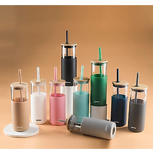 Klickpick Home 20 Ounce Glass Tumblers With Non Slip Silicone Sleeve And 3 Straws And 2 Wooden Fit Lid For Each Glass Water Bottle Tumbler BPA Free (Pink)