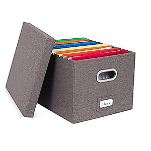 Internet's Best Collapsible File Box Storage Organizer with Lid - Decorative Linen Filing & Storage Office Boxes – Hanging Letter/Legal Folder – Home Office Bins Cabinet – Grey Container - 1 Pack