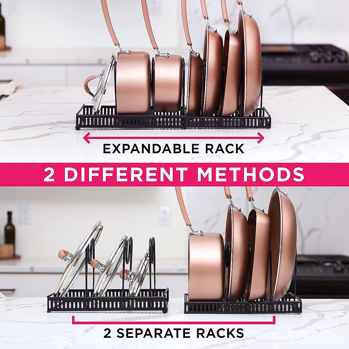 Berry Ave Adjustable Pan Organizer and Pot Rack with 8 Tiers, Rustproof Kitchen Cabinet Storage Organizer For Heavy Pots Pans and Cookware, Display On Counter w/ 3 Easy DIY Options