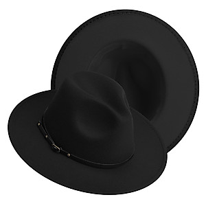 Wide Brim Fedora Hats for Women and Men Classic Felt Panama Hat Men's Two Tone Dress Hat with Belt Buckle Black