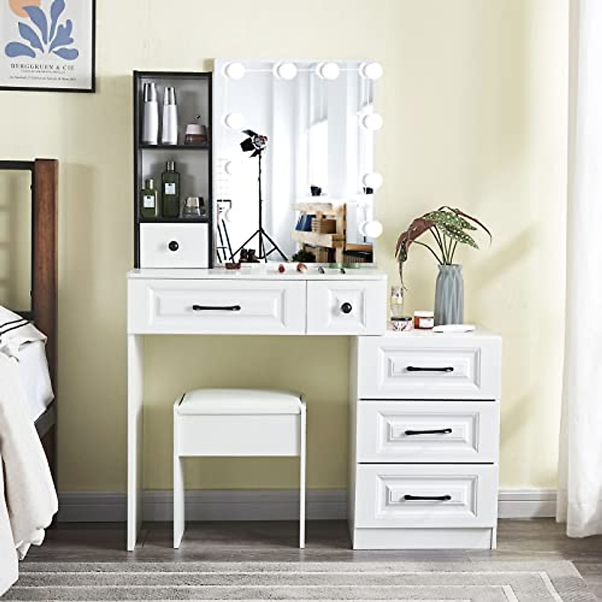 JBLCC Makeup Vanity with Lights Mirror, Makeup Table Set Vanity Mirror with Lights, Vanity Desk with Storage Shelves, Drawers, Modern Vanity Table for Bedroom (42550USB)