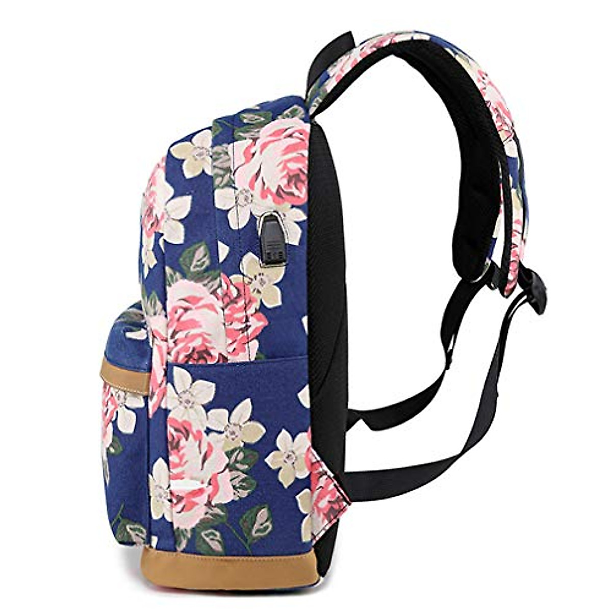 Floral School Backpack for Girls College Bookbags Travel Backpack Laptop Rucksack Travel Backpack with USB Charging Port, Casual Daypack for Women with USB Charging Port (Blue Floral)