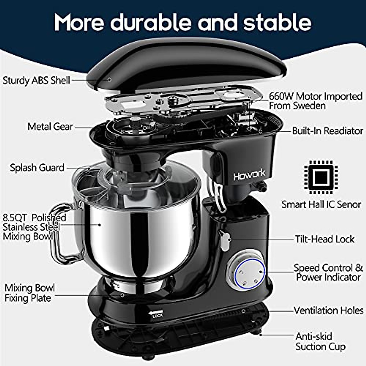 HOWORK 8.5QT Stand Mixer, 660W 6+P Speed Tilt-Head, Electric Kitchen Mixer With Dishwasher-Safe Dough Hook, Beater, Wire Whip & Pouring Shield (8.5 QT, Black)