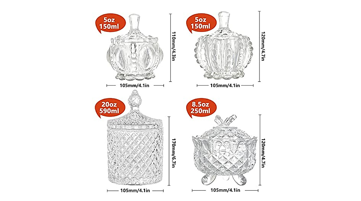 INFTYLE Glass Candy Dish Set of 4 - Unique Storage Jars