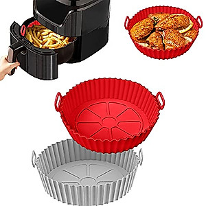 Air Fryer Liners Reusable-8 Inch Air Fryer Silicone Pot，Silicone Air Fryer Basket,Easy to Clean Round Tray for 3.6 To 6.8QT for Air fryer Oven Accessories（Gray+Red)