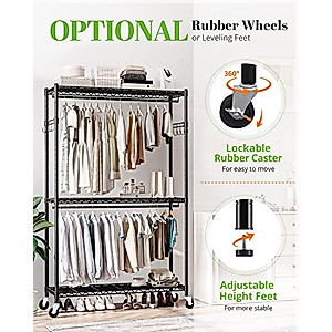 HOKEEPER Heavy Duty Wire Garment Rack Clothes Rack with Shelves and Double Rods, Rolling Clothing Rack for Hanging Clothes, Portable Freestanding Closet Storage Shelves Rack with Wheels and Hooks