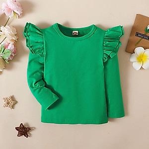 Sanpersonlin Toddler Baby Girl Solid Color T Shirt Kids Blouse Basic Plain Ruffle Top Cotton Casual Clothes (0020E-Long Sleeve Green, 4-5 Years)
