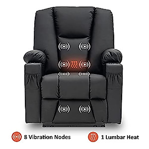 MCombo Electric Power Recliner Chair with Vibration and Heat, Extended Footrest, USB Ports, 2 Side Pockets, Cup Holders, Faux Leather 8015 (Not Lift Chair) (Black)