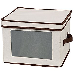 Household Essentials 536 Dinnerware Storage Box with Lid and Handles | Storage Bin for Dinner Plates | Natural Canvas with Brown Trim