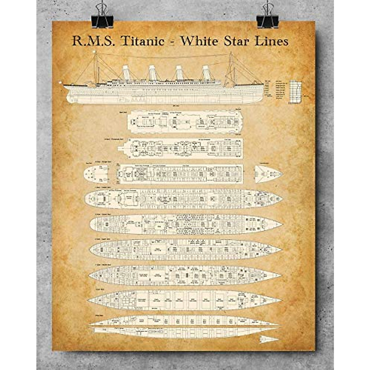 R. M. S. Titanic - White Star Lines Deck Plan - 11x14 Unframed Patent Print - Great Gift and Decor for History and Cruise Ship Buffs Under $15