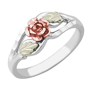 Blooms Rose Flower Diamond-Cut Ring, Sterling Silver, 12k Green and Rose Black Hills Gold Size 7