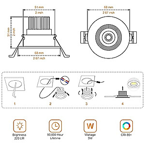 2Inch LED Recessed Ceiling Light, 3W Dimmable LED Downlight, Warm White 3000K, 60 Beam Angle Directional COB Recessed Lights with Driver, 25W Halogen Bulbs Equivalent for Ceiling Lighting, 6Pack