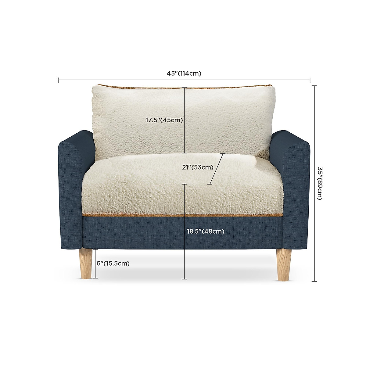 Woyomeub Couches for Living Room Accent Chair 45" Living Room Armchair, 1.5 Seater Sofa Teddy Fleece Fabric, Beige & Blue