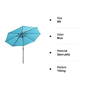 Aok Garden 9 ft Patio Umbrella with Solar Lights Outdoor 32 LED Table Aluminum Pole Umbrella 8 Ribs with Push Button Tilt and Crank for Market, Deck, Backyard and Pool (Blue)