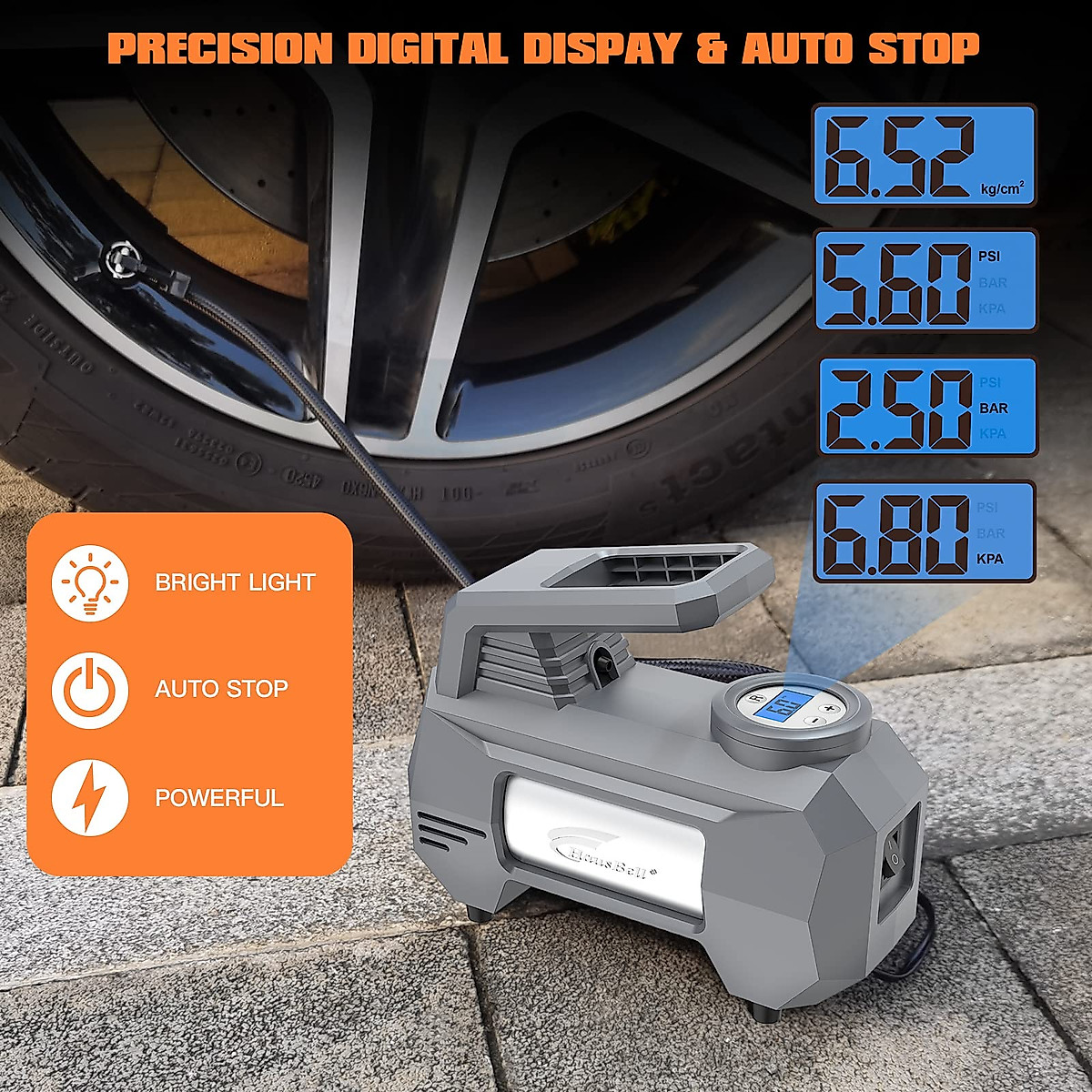 HAUSBELL tire inflator portable air compressor for car, portable air pump for car tires, Handle up to 4 Tires at a Time, 12V DC Car Air Pump, 150 PSI with Emergency LED Light (Grey)