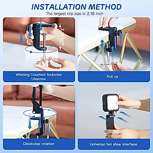 Overhead Phone Mount, Articulating Arm Cell Phone Holder with LED Light, Flexible Phone Stand for Live Streaming, Video Recording, Painting Lighting, Cooking