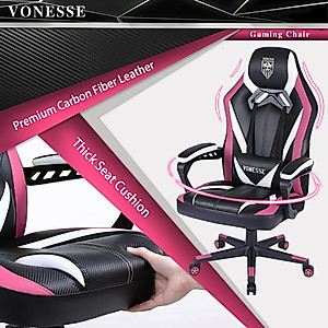 Girls Gaming Chair, Light Pink Computer Chair with Massage, Rose Desk Chair for Girls, Carbon Fiber PC Chair for Adults, Video Game Chair for Teens, Light Pink Modern Chair, Mute-Rolling Castors(Rose)