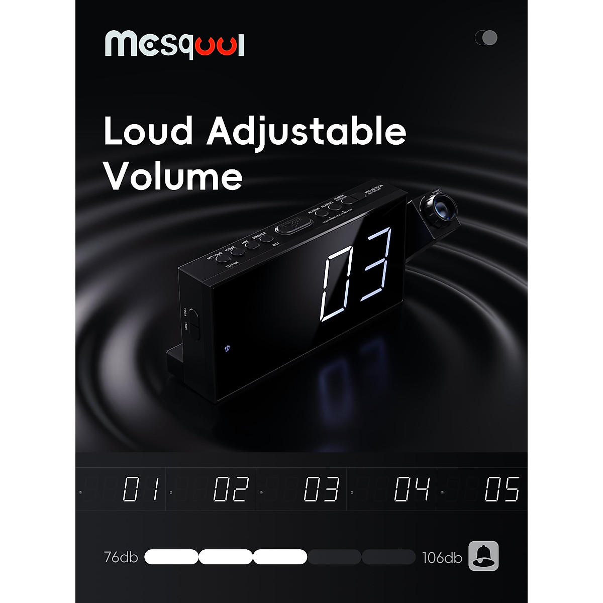 Projection Digital Alarm Clock with Bed Shaker for Bedroom, Extra Loud Alarm Clock for Heavy Sleeper, 180° Rotable Ceiling Projector Clock,2 Alarm,5 Dimmer Volume,USB Charger, Battery Backup,12/24H…