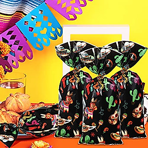 100 Pcs Mexican Candy Bags Fiesta Cellophane Treat Bags, Cinco De Mayo Treat Bag Fiesta Goodie Party Favor Bag with 100 Gold Twist Ties for Fiesta Mexico Party Decoration Supplies (Black)