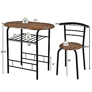 Giantex 3 Piece Dining Set Compact 2 Chairs and Table Set with Metal Frame and Shelf Storage Bistro Pub Breakfast Space Saving for Apartment and Kitchen (Black & Brown)