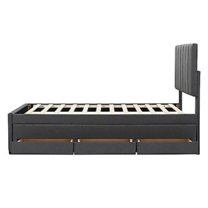 Bellemave Twin Size Upholstered Captain Bed with Trundle and Storage Drawers, Linen Fabric Platform Bed with Channel Tufted Headboard, Modern Twin Bed for Kids Boys Girls Teens, Gray