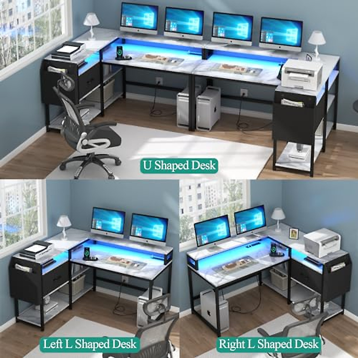 Loomie L Shaped Computer Desk with Power Outlets, 55"x41"D Reversible Corner Desk with LED Light, Drawer & Monitor Stand, Home Office Gaming Desk with 4 Tier Storage Shelves & Bag, White Faux Marble