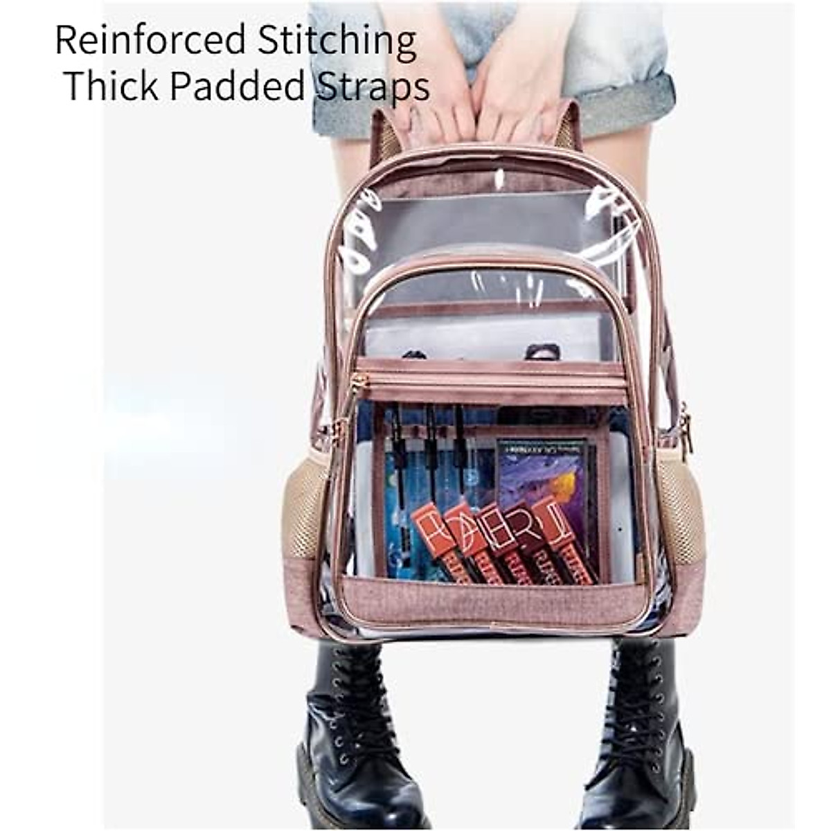 RRRWEI Clear Backpack Stadium Approved Heavy Duty Backpack Women School Bookbag Transparent Pvc For Men,Work,Security,Travel (BLACK WITH MAKE UP BAG)