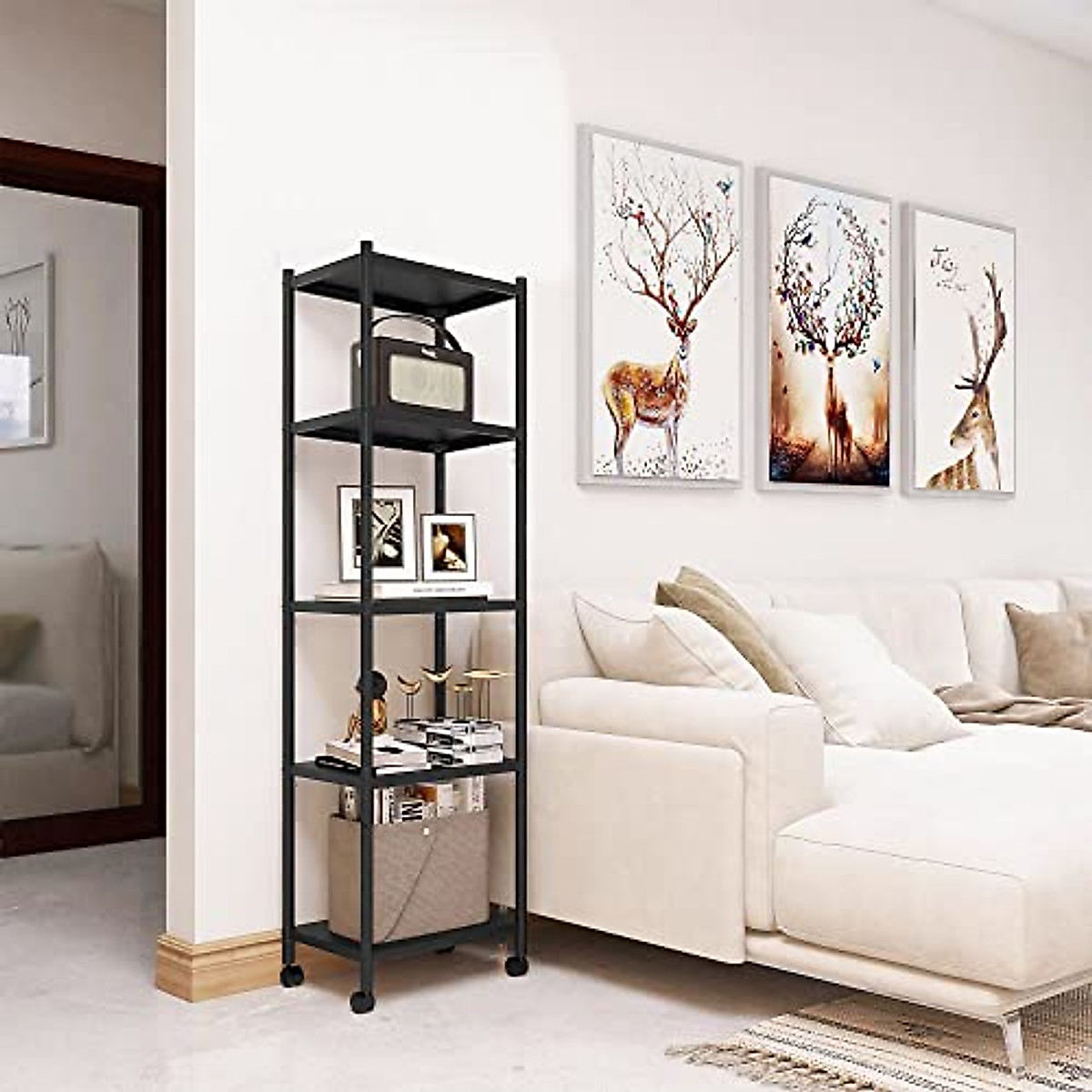 5-Tier Metal Rolling Cart Organizer with Wheels ，Adjustable Heavy Duty Free Standing Baker's Rack for Kitchens,Storage Tower for Pantry Laundry Bathroom Narrow Places