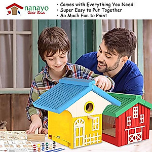 nanayo Wild Birds DIY Bird House Kit for Kids to Build - Birdhouse and Bird Feeder Wood Building Kits with Hanging Chain and Rope, Mallet, Paints and Brushes, Sandpaper, Glue and Bird Discovery Guide
