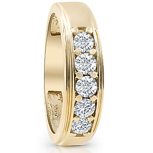 10k Yellow Gold 1 Ct T.W. Round-Cut Five Stone Elegant Diamond Wedding Band Ring for Him Anniversary High Polished Band