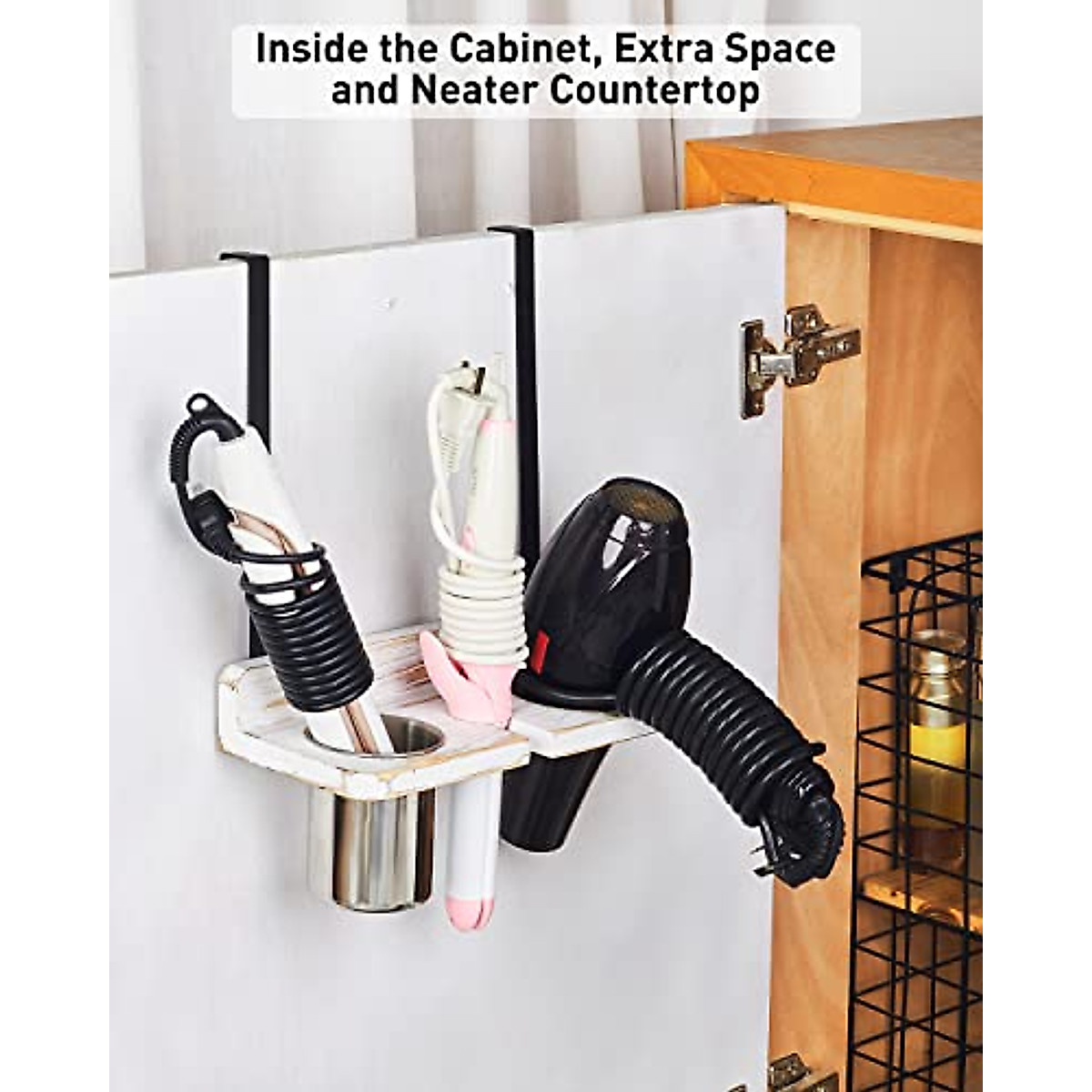 Hair Tool Organizer Under Sink with Cup, Honizer Wooden Hair Dryer Holder Cabinet Door, Bathroom Organizer Under Sink for Curling Iron, Brush, Flat Iron- White
