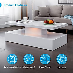TABU Modern Led Coffee Table, High Gloosy Coffee Table with 12 Colors Lights, Rectangle Smart Table, Living Room Center/End Table with Lights, Living Room Table Furniture (White)