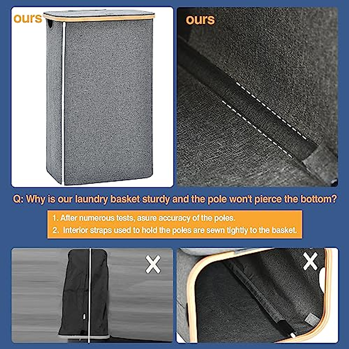 Edergoo Laundry Basket with Lid 100L, Laundry Hamper with Premium Bamboo Handle, Dirty Clothes Hampers for Laundry, 27.6" Tall Bathroom Laundry Basket Freestanding with Removable Bag, Grey