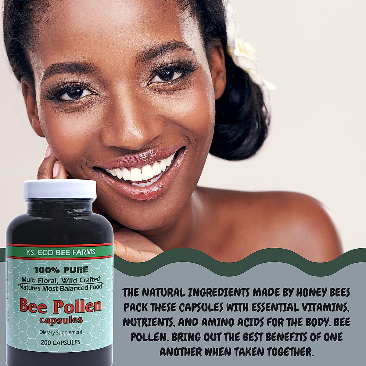 Y.S. Eco Bee Farms 100% Pure, Wild Crafted Bee Pollen Capsules - Organic Bee Pollen Vitamin Supplements Amino Acids, Organic Protein, Vitamin C, Vitamin B12 Gluten Free - 200ct with Bonus Key Chain