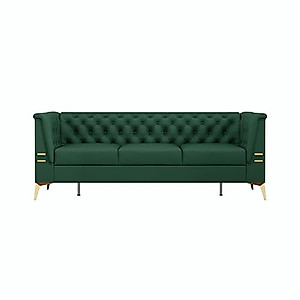 ERYE Mid-Century Modern PU Leather Button Upholstered Chesterfield 3 Seaters Sofa Couch, Golden Legs, Flared Padded Armrest,Removable Cushions Cover for Living Room,Bedroom,Office,Apartment