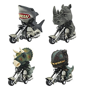Dino Toys 4PCS Friction Powered Inertia Animal Motorcycle Toy Vehicle Gifts for Kids Boys Age 3,4,5,6,7,8Shark Toy Car ，Special Rhino Toy ，Dinosaur Motorcycle Game T-Rex and Triceratops Monster.