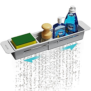 NiHome Extendable Over Sink Kitchen Organizer, Telescopic Sink Storage Rack for Sponge, Non-Slip Pads Expandable Sink Caddy, Adjustable Sponge/Brush Rack with Drainage Durable ABS Material (Grey)