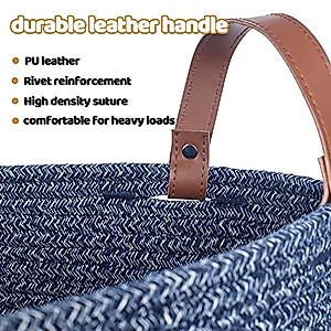 Caroeas XX-Large Cotton Rope Basket, 20'' x 16'' Rope Baskets with Leather Handles, 80L Woven Baby Laundry Blanket Basket, Woven Basket for Toys, Collapsible Rope Laundry Basket (Blue)