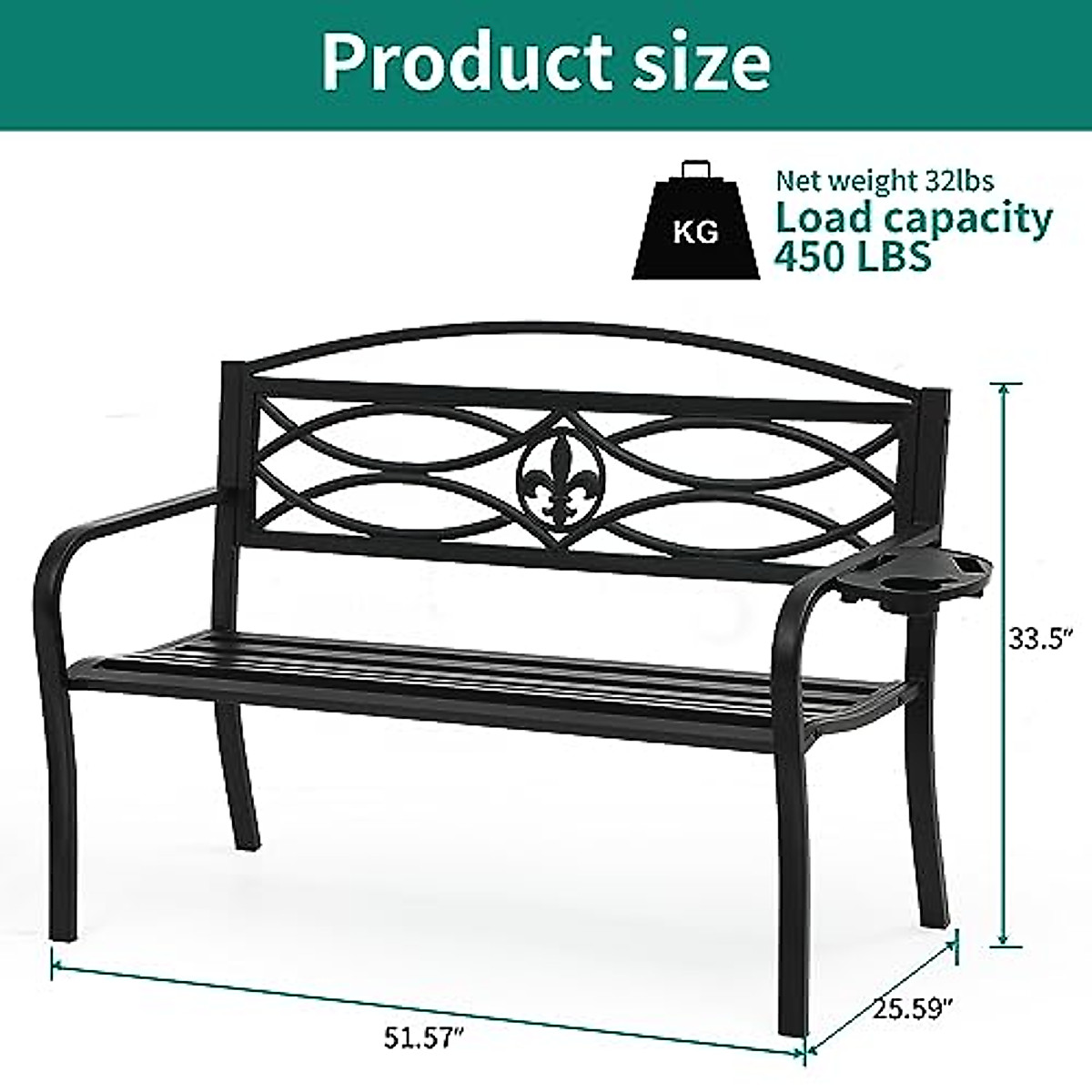 YITAHOME Outdoor Bench 50" Metal Bench with Cup Holder Spear Pattern Patio Bench with Backrest and Armrest for Porch Lawn Balcony Backyard and Indoor Black