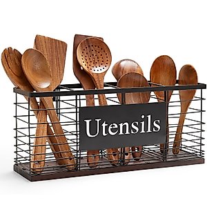 Yangbaga Utensil Holder for Kitchen Counter-Extra Large Kitchen Utensil Holder with 4 Compartments,Black Metal Cooking Utensil Organizer for Countertop ,Farmhouse Spatula Holder Caddy for Party
