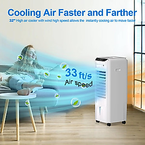 Uthfy Portable Air Conditioners, 32" Swamp Cooler Evaporative Air Cooler with 4.2 Gal Tank, Remote, 120° Oscillation Cooling Fan with 3 Speeds, 12H Timer, 3 In 1 Tower Fan thats Blow Cold Air for Room