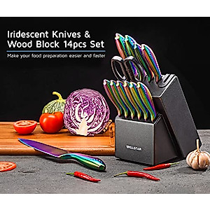 WELLSTAR Rainbow Knife Set 14 Pieces, Iridescent German Stainless Steel Kitchen Knives Set with Wooden Block, Colorful Titanium Coating, Chef’s Knife Block Set with Scissors and Built-in Sharpener