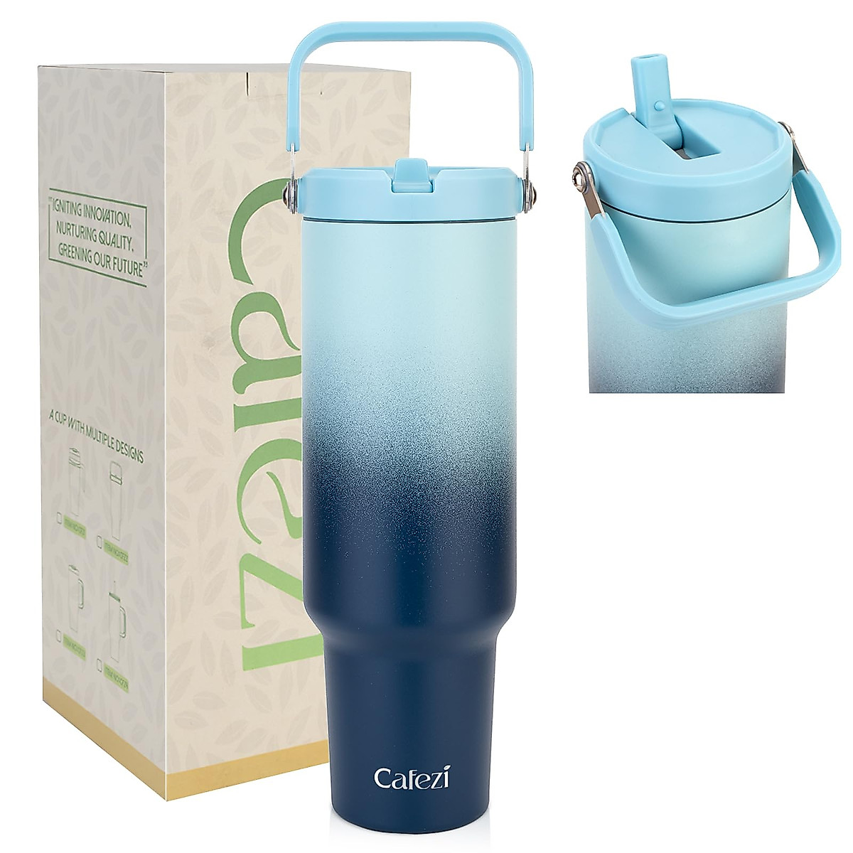 Cafezi 50 oz Insulated Water Bottle, Stainless Steel Water Bottles with Flip Straw and Top Handle, Leak Proof Tumbler with Lid and Straw, Fits in Cup Holder, Vacuum Insulated Cup for Home, Outdoors