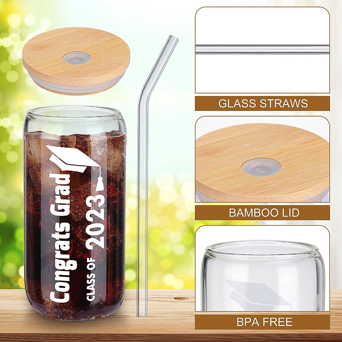 Rtteri 4 Pack Graduation Gift Congrats Grad Class of 2024 Can Cup, 16 oz Drinking Glasses with Bamboo Lid and Glass Straw, Can Shaped Drinkware Cups Grad Gifts for Graduates Whiskey Beer Soda