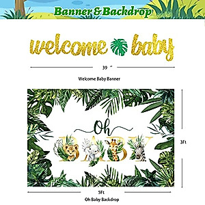 143 PCs Safari Baby Shower Decorations for Boy, Fiesec Jungle Themed Décor Oh Baby Backdrop Balloon Garland Arch Artificial Leaves Box Cutout Glitter Banner Cake Cupcake Topper Zebra Tiger Lion Green