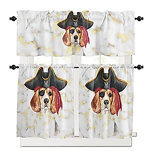 3 Pieces Kitchen Valance Window Curtain Set Abstract Geometric Pirate Dog White Gold Marble,Rod Pocket Valances Light Filtering Drape Cartoon Animal,Tier Curtains for Living Room Bedroom Bathroom