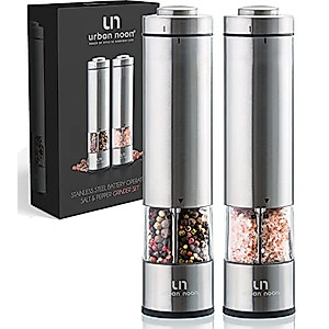Electric Salt and Pepper Grinder Set - Battery Operated Stainless Steel Mill with Light (2 Mills) - Automatic One Handed Operation - Electronic Adjustable Shakers - Ceramic Grinders