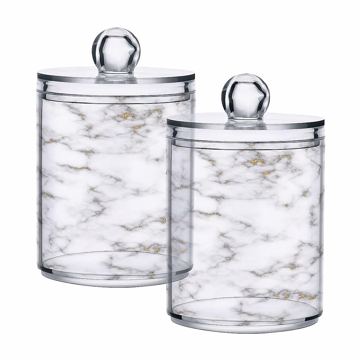 Marble Nature Texture Qtip Dispenser Apothecary Jars White Stone Grain Veins Bathroom Qtip Holder Storage Canister Plastic Jar 10 Oz for Cotton Ball Swab Round Pads Floss 2pcs